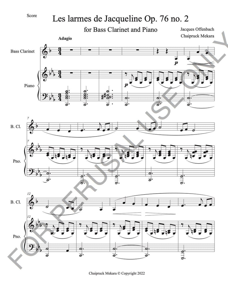 Bass Clarinet and Piano Sheet music: Les larmes de Jacqueline - Offenbach